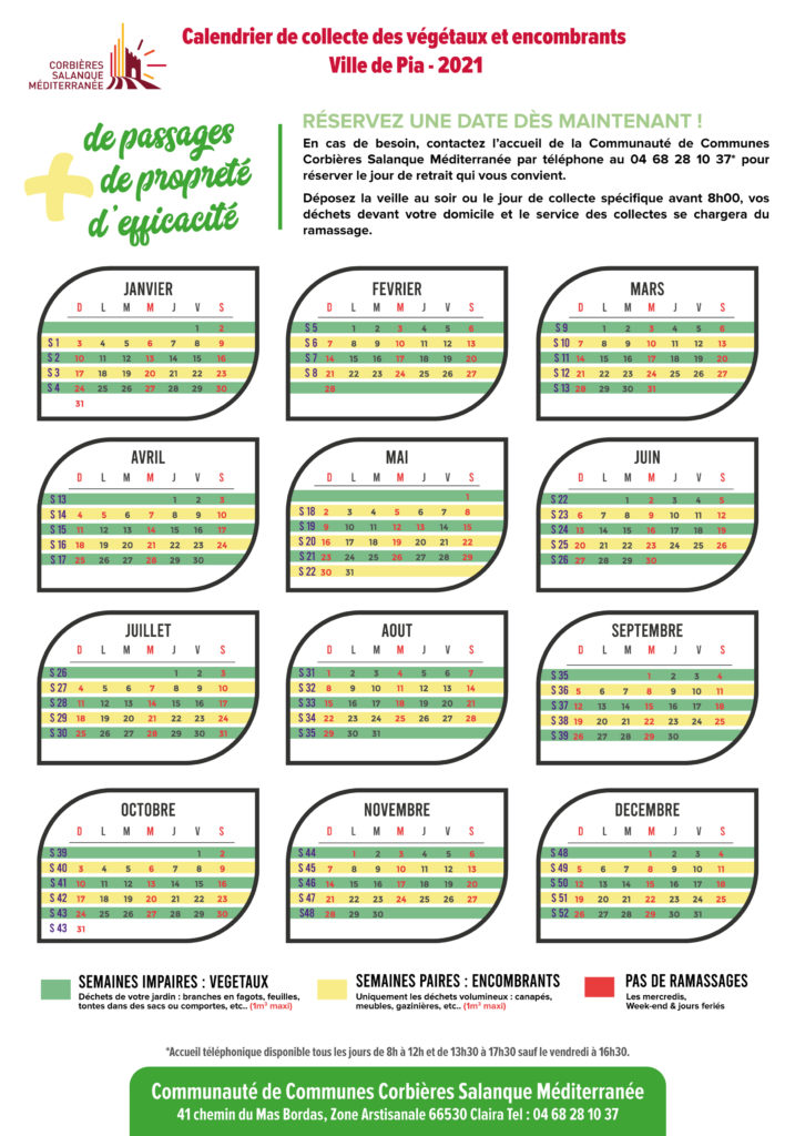 Calendrier de collecte des "encombrants et végétaux" Ville de Pia 2021